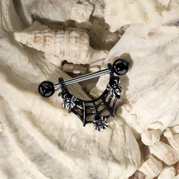 3 Spiders On Black IP Spider Web Dangle 316L Surgical Steel Nipple Rin ...